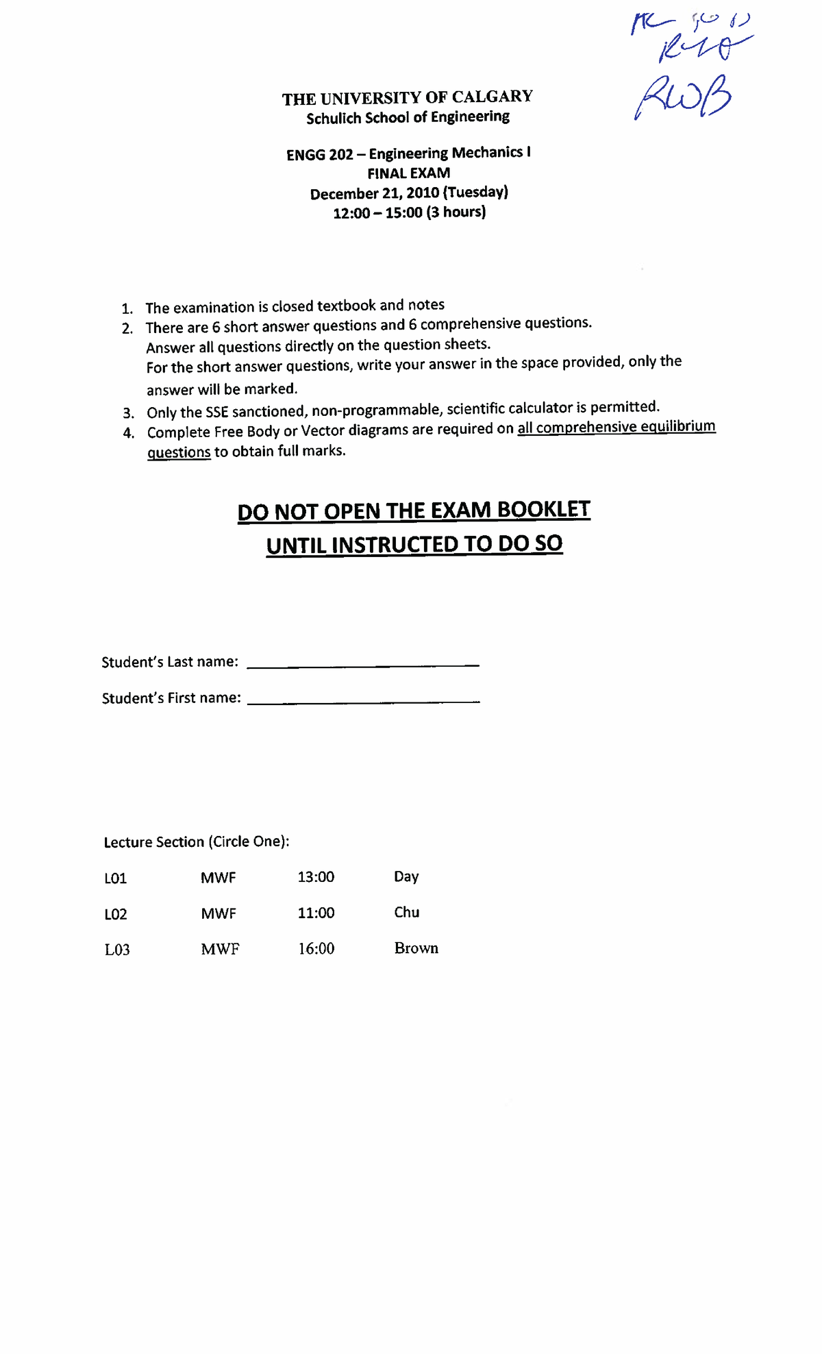 ENGG 202 Final 2010 - Chemical 505 - Studocu