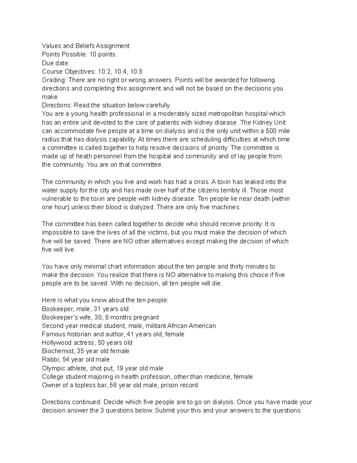 Values and Beliefs Assignment - Values and Beliefs Assignment Points ...