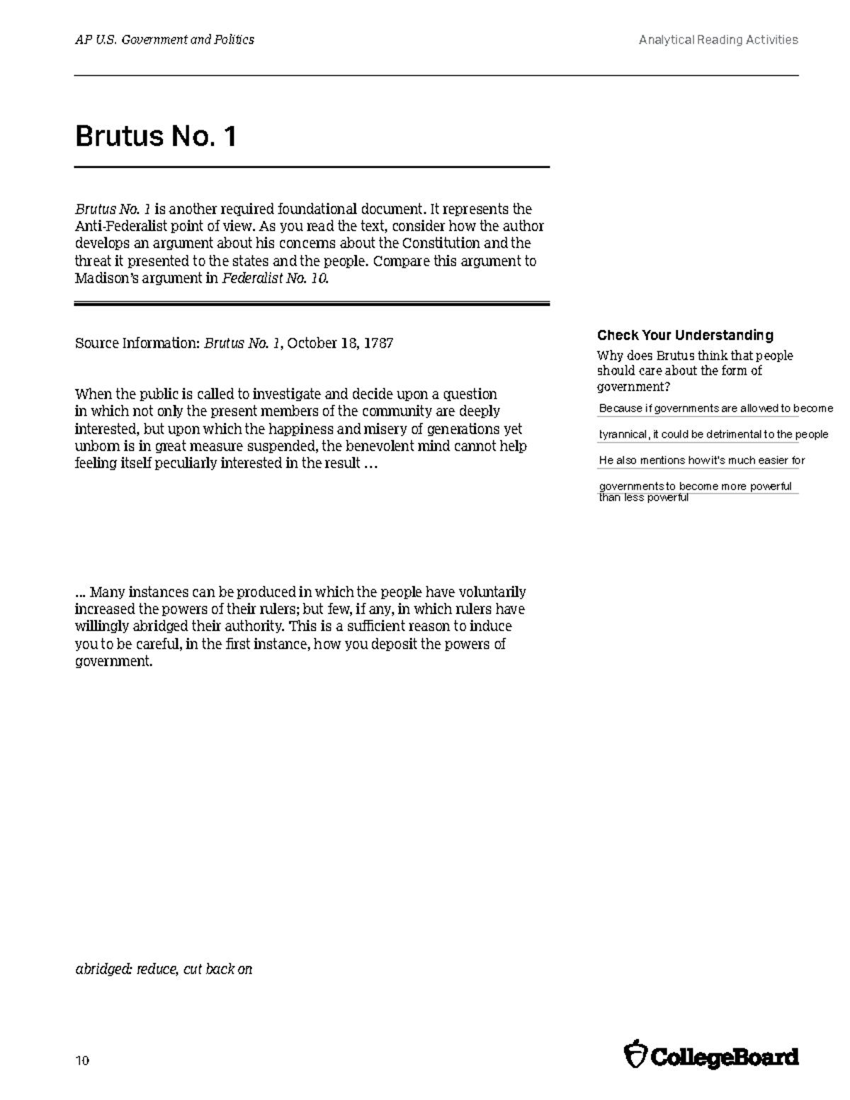Brutus No 1 Analytical Reading - Brutus No. 1 %UXWXV 1R is another ...