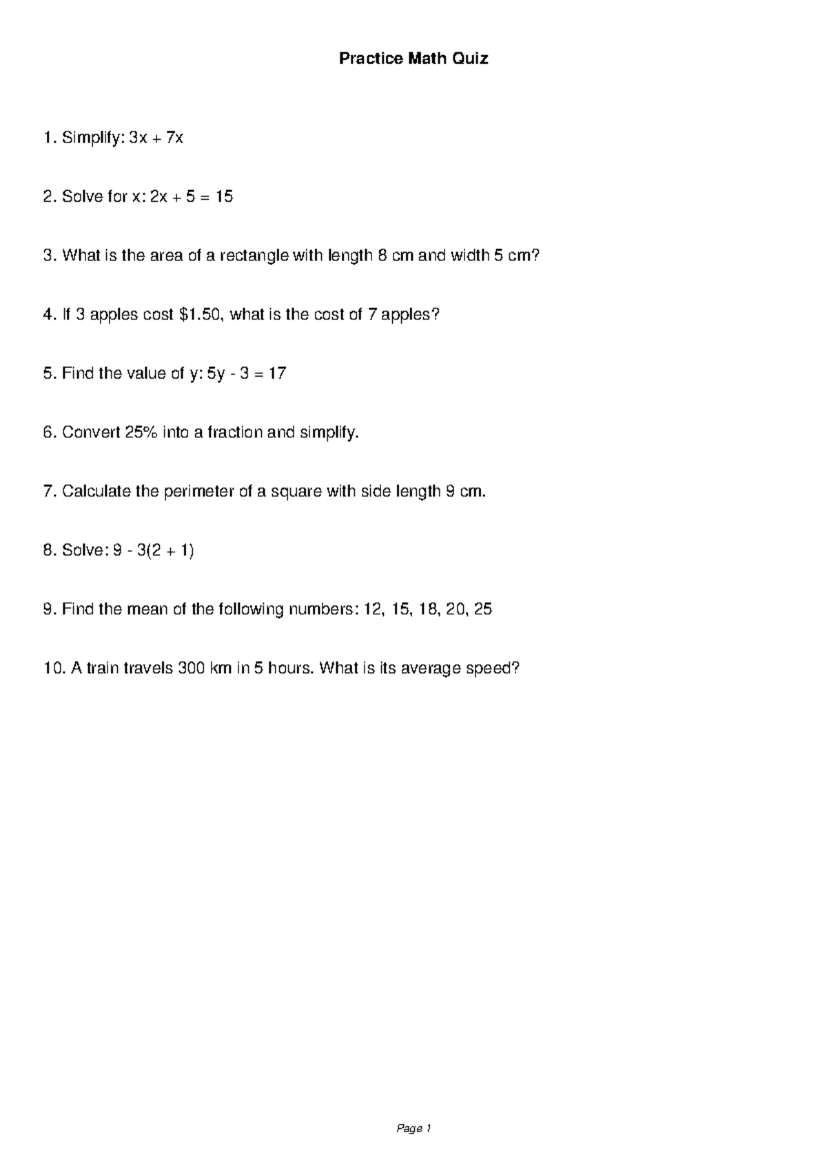 Practice Math Quiz - MATH102 - Practice Math Quiz Simplify: 3x + 7x ...
