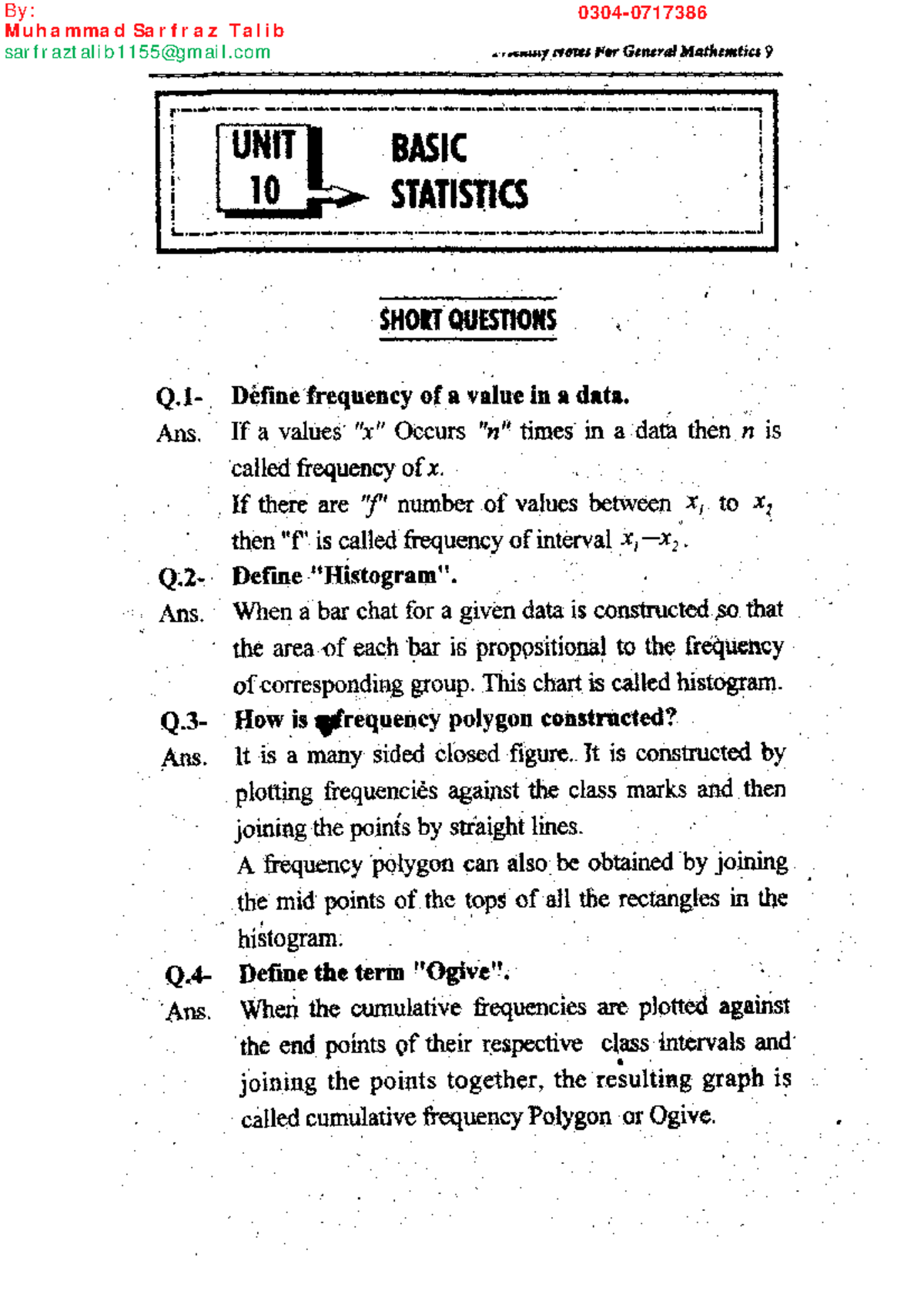MTH100-Final Term-Basics-Leactures-Notes Statics - Calculus - Studocu