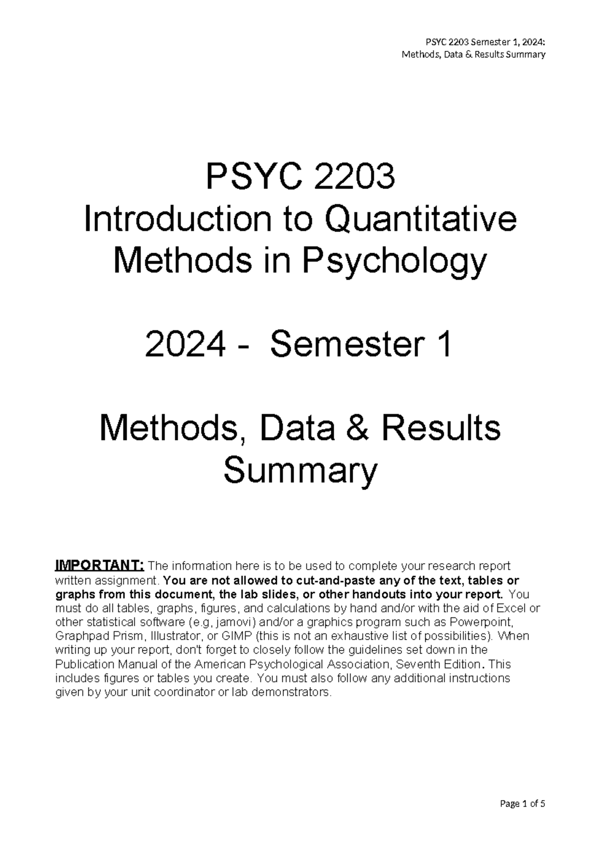 (2024) [ Students] 2203 Lab Report Handout - Methods, Data & Results Summary IMPORTANT: The ...