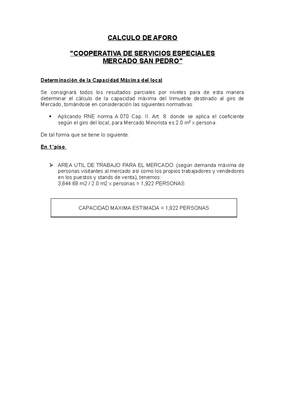 Calculo DE Aforo de local - CALCULO DE AFORO "COOPERATIVA DE SERVICIOS ...