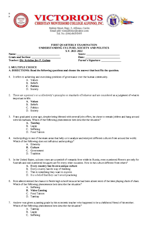 EXAM IN Contemporary ARTS 1ST Quarter - FIRST QUARTERLY EXAMINATION ...