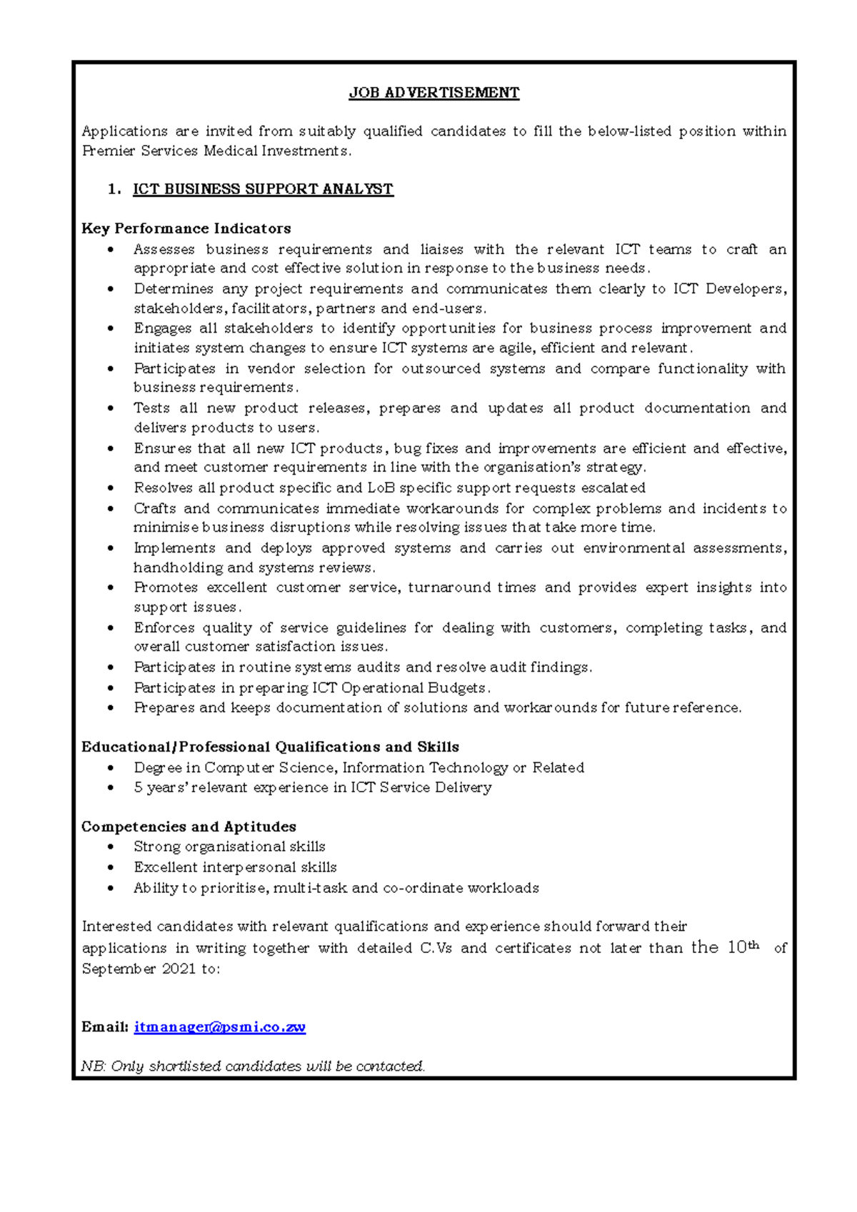 Advert -ICT Business Support Analyst - JOB ADVERTISEMENT Applications ...