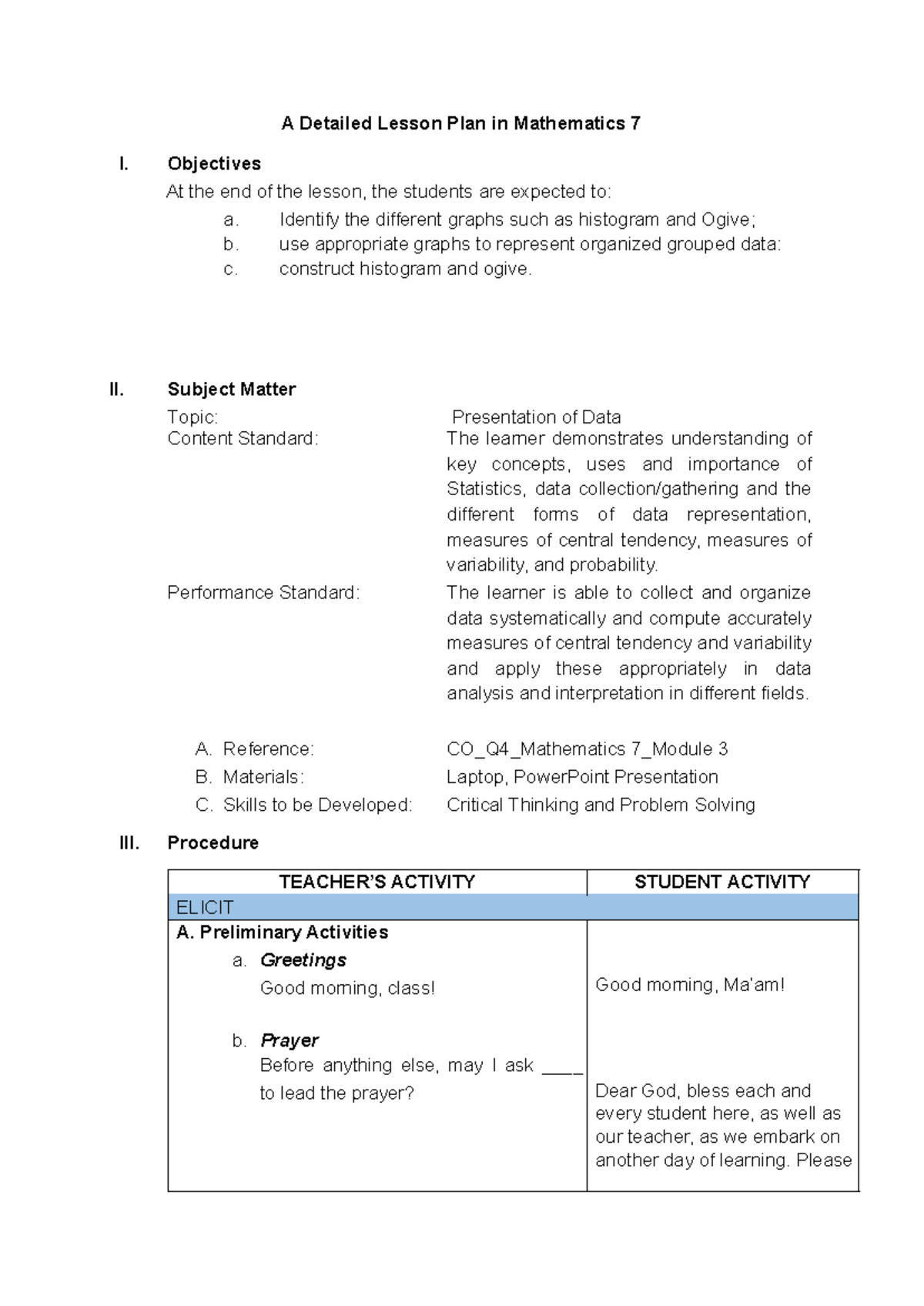 Lesson plan in mathatics - A Detailed Lesson Plan in Mathematics 7 I ...