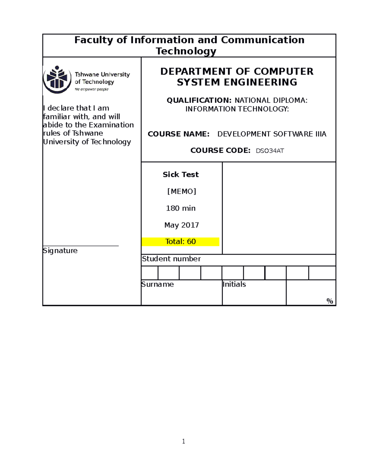 SICK TEST SOSH MEMO - MEMO for past sick test - Faculty of Information ...