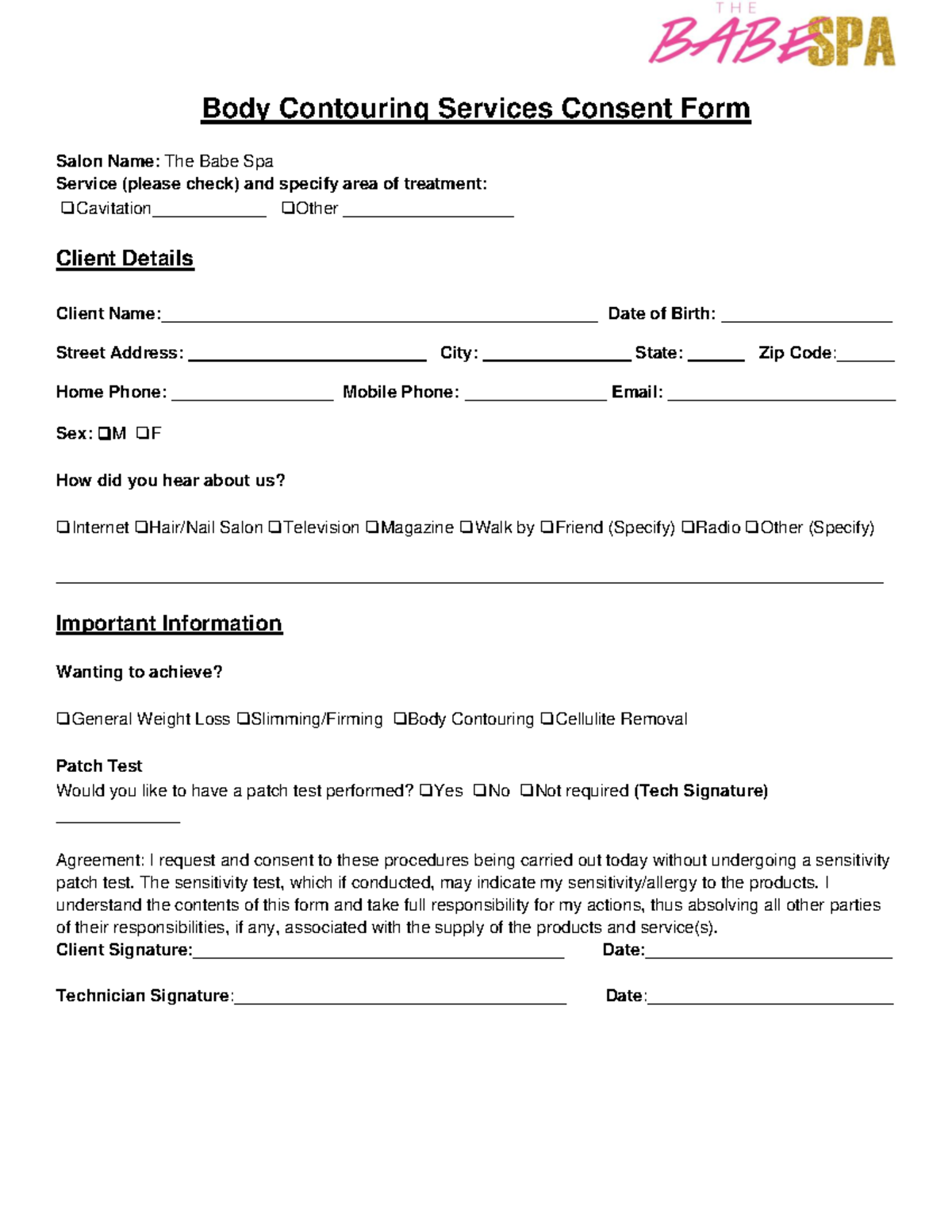 Body Contouring Services Consent Form - The sensitivity test, which if ...