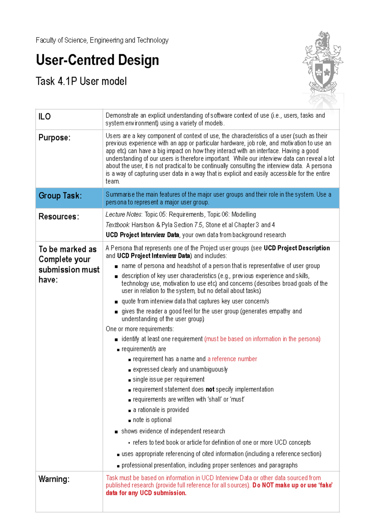 4 - tasks of UCD - Faculty of Science, Engineering and Technology User ...