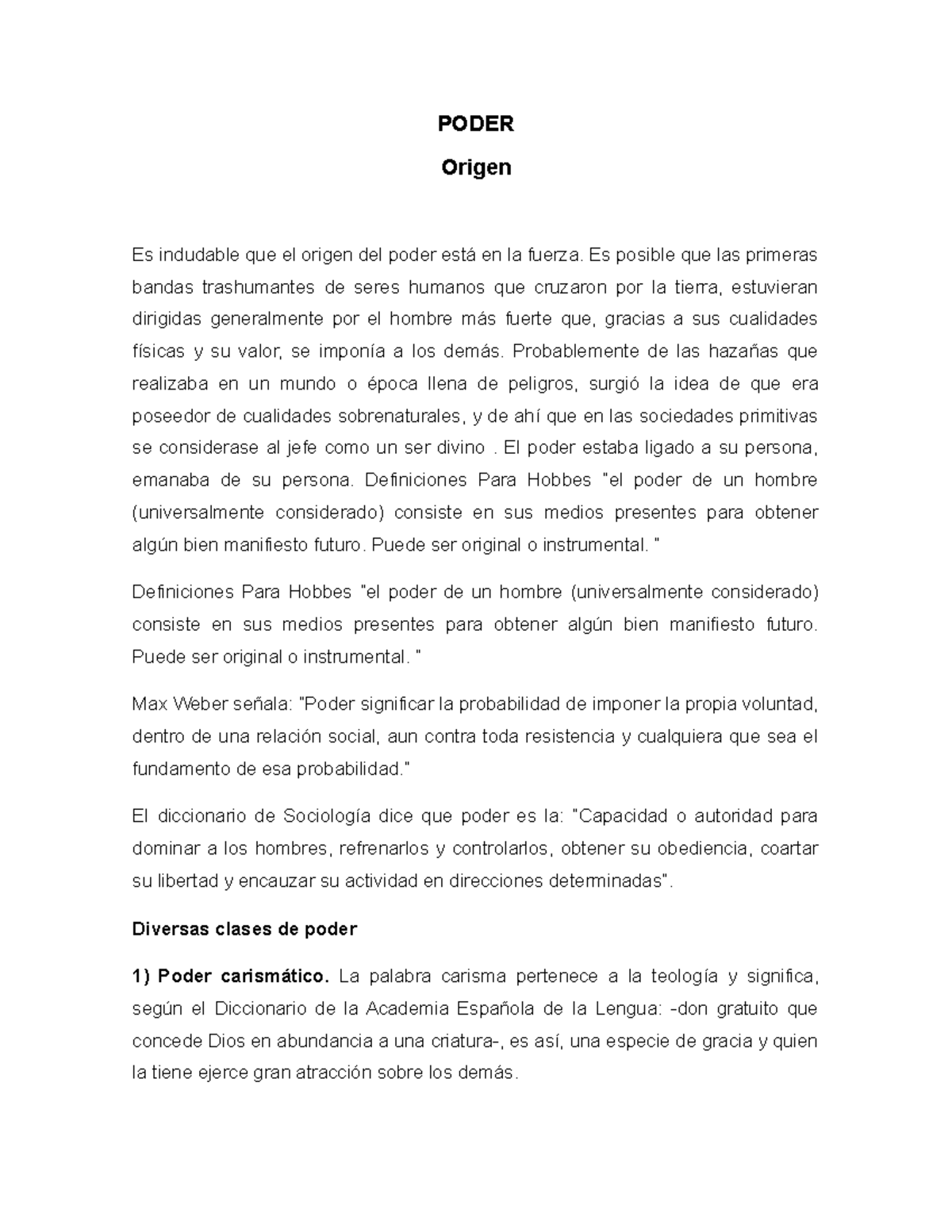 Poder - Apuntes 1 - PODER Origen Es indudable que el origen del poder ...