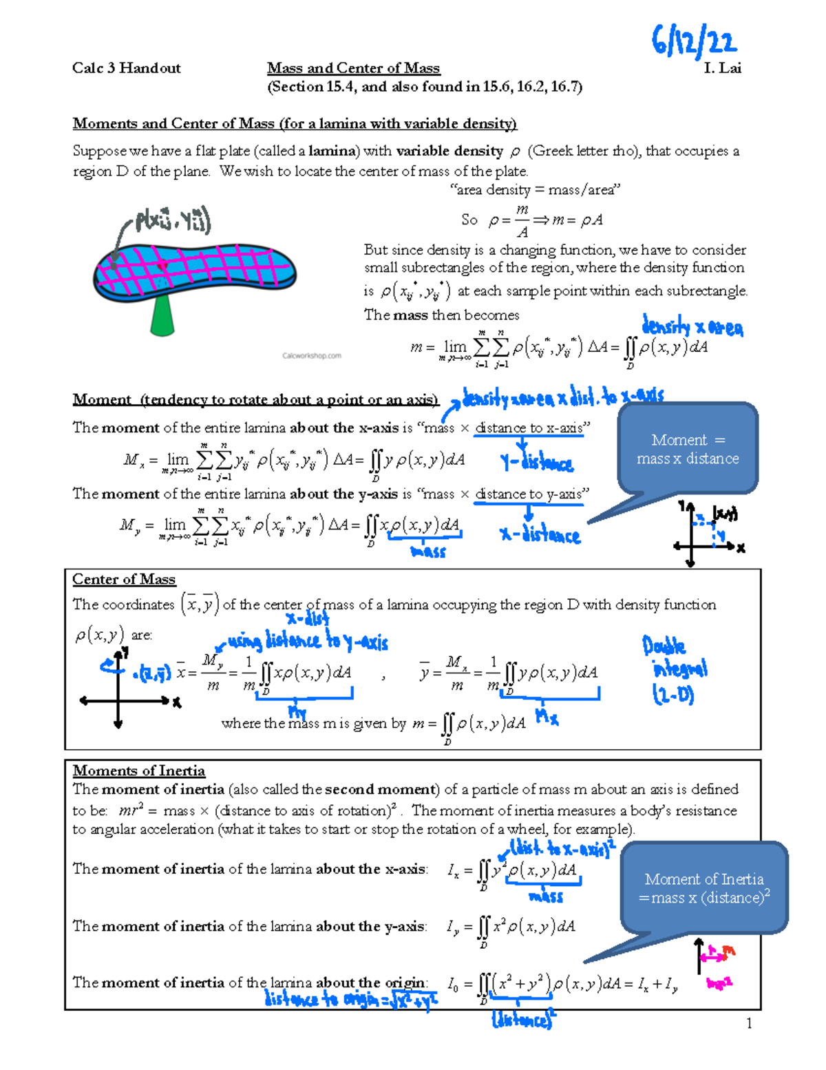 Mass and Center of Mass Lesson 15.4 - 1 Calc 3 Handout Mass and Center ...