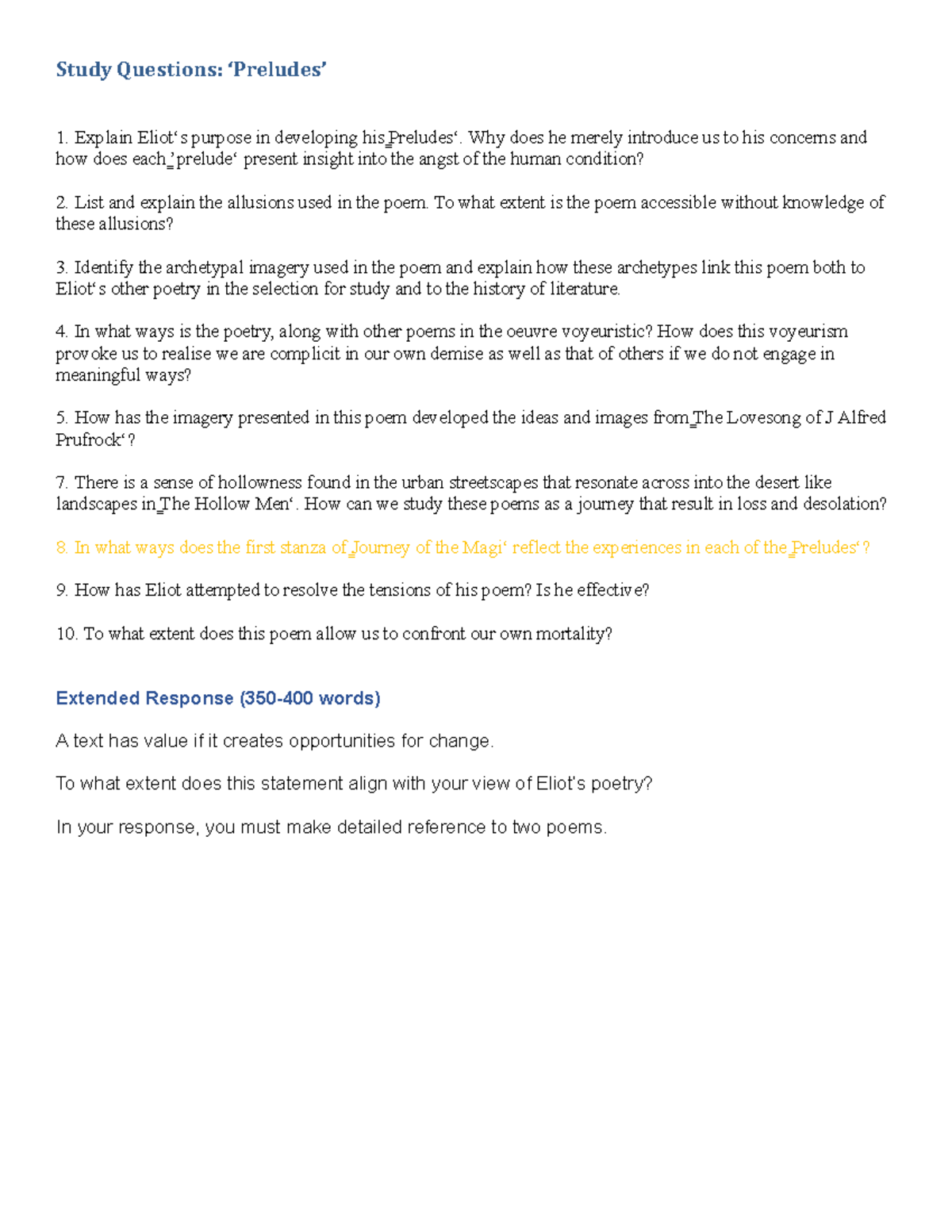 Preludes - Summary and Analysis - Study Questions: ‘Preludes’ Explain ...