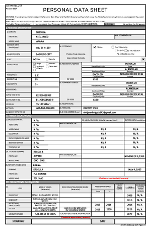 Personal Data Sheet CS Form No - NAME EXTENSION (JR., SR) NAME ...