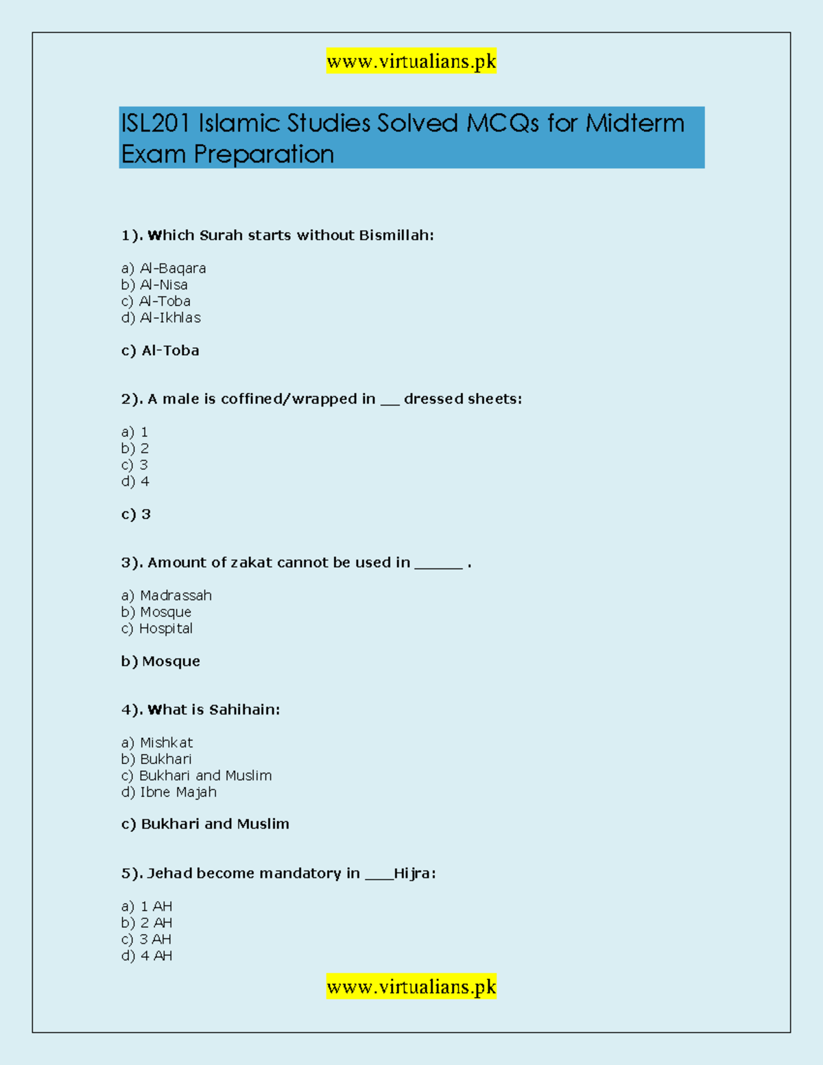 Dokumen - ISL201 Islamic Studies Solved MCQs for Midterm Exam ...