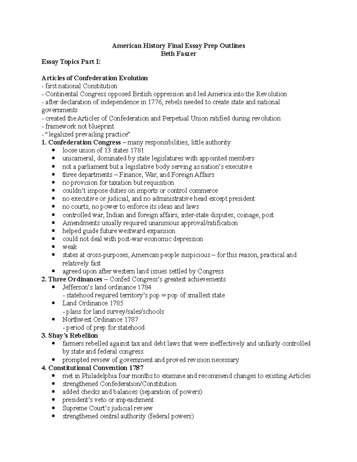 Final 2014, questions - American History Final Essay Prep Outlines Beth ...