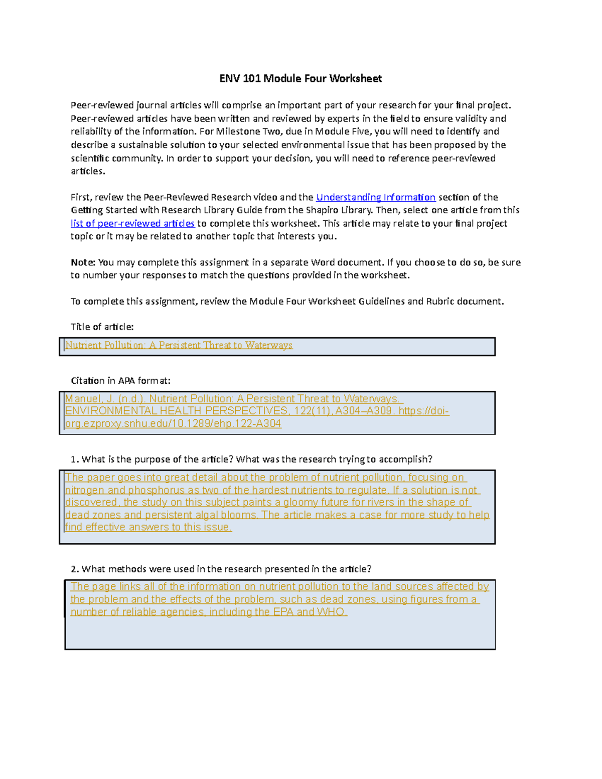 Module 4 - paper for week 4 - ENV 101 Module Four Worksheet Peer-reviewed journal articles will ...