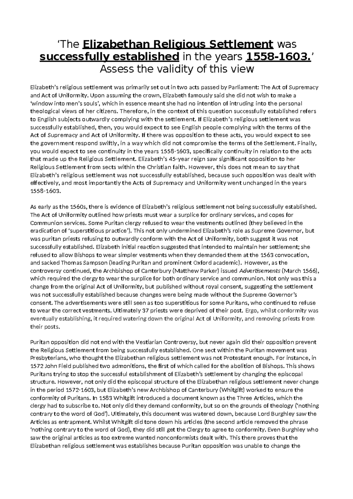 The elizabethan religious settlement was successfully established in ...