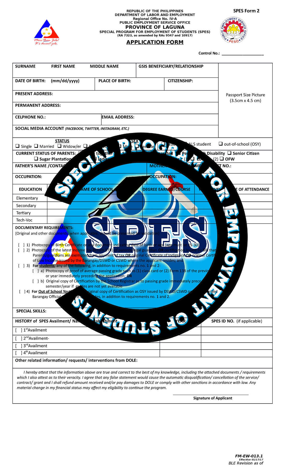 SPES Application-FORM - SURNAME FIRST NAME MIDDLE NAME GSIS BENEFICIARY ...