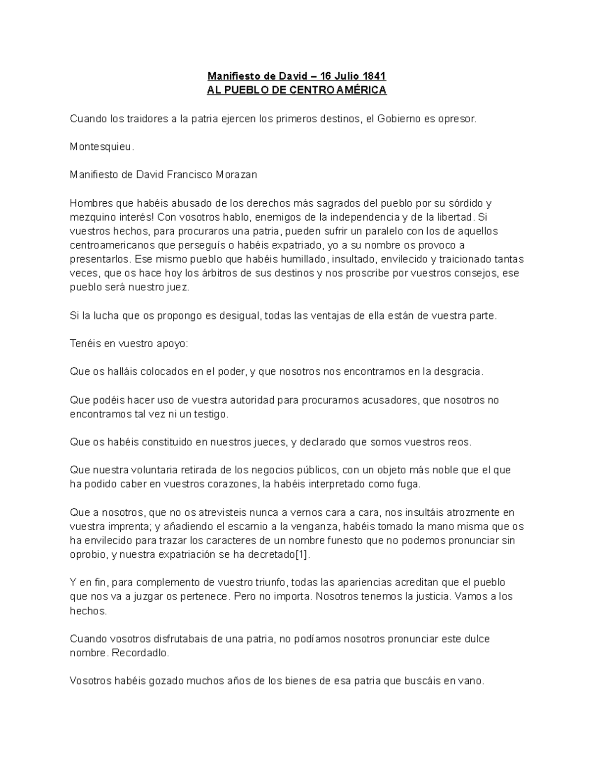 Fco. Morazán Manifiesto de David – 16 Julio 1841 - Manifiesto de David ...
