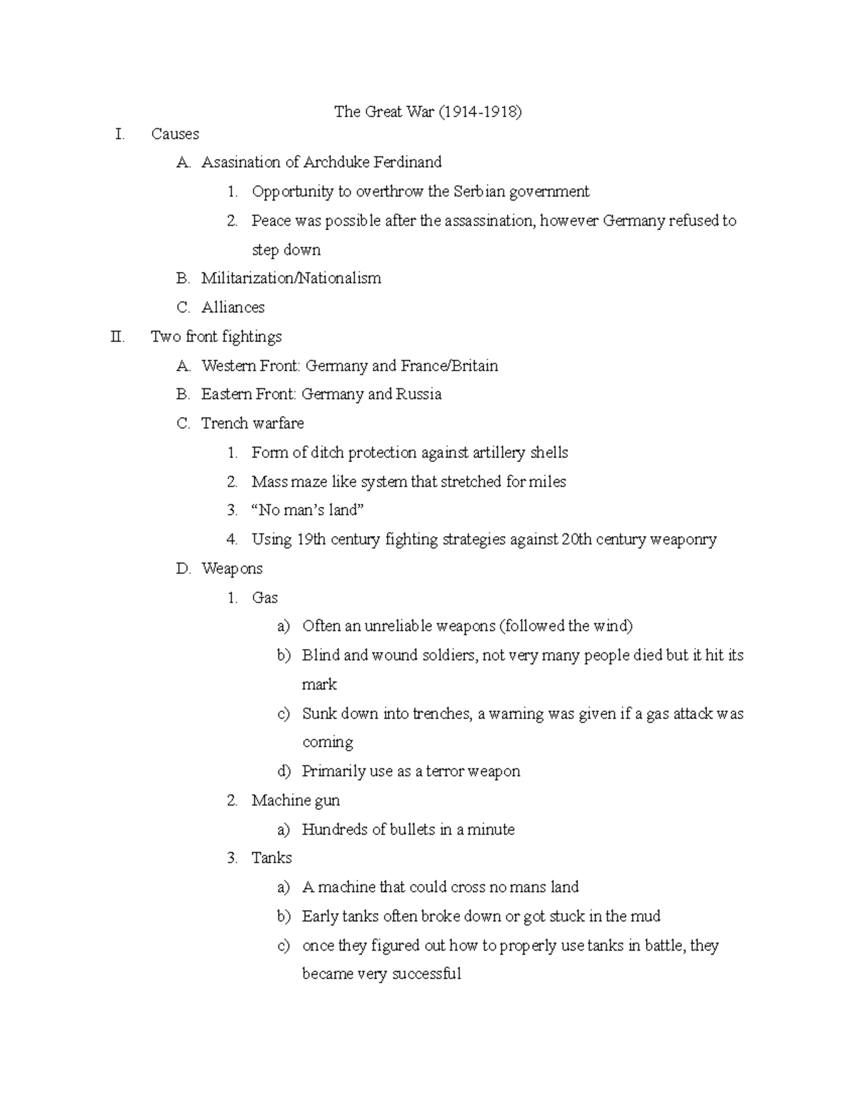The Great War - Study Abroad - The Great War (1914-1918) I. Causes A ...