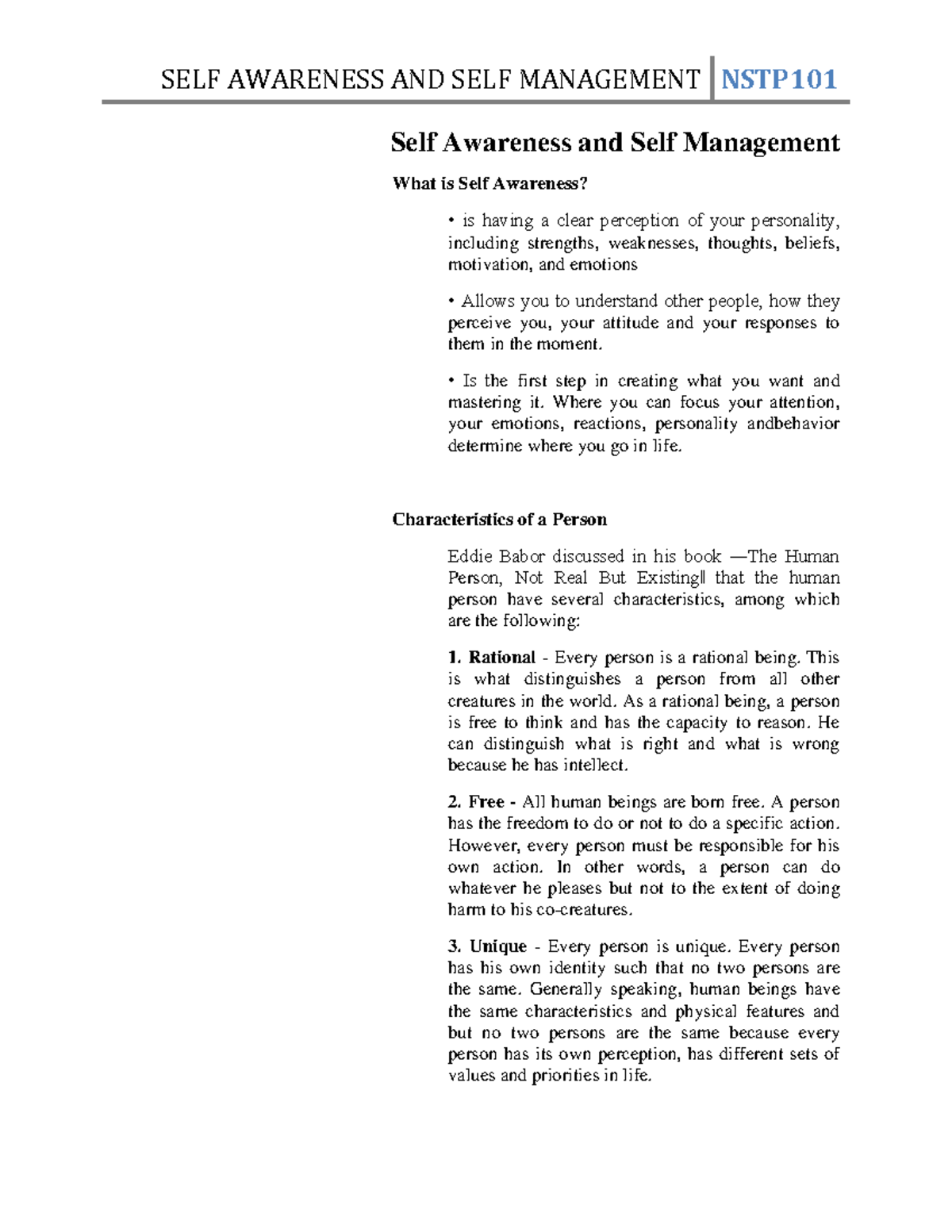 Self-Awareness and Self-Management - Module - Self Awareness and Self ...