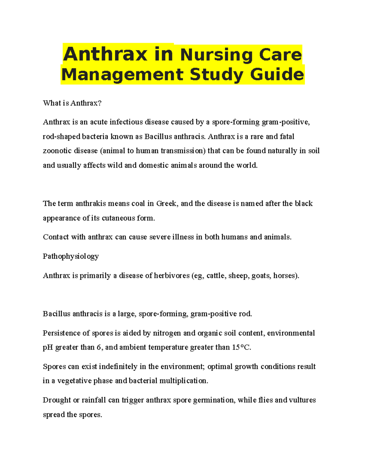 Anthrax in Nursing Care Management Study Guide - Anthrax in Nursing ...