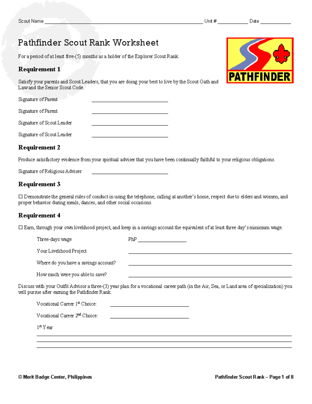 Pathfinder Worksheet - BSP - Pathfinder Scout Rank Worksheet For a ...