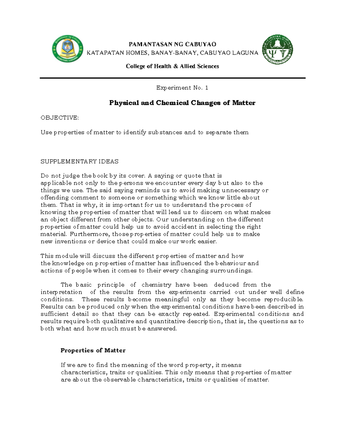 Group 1 Physical and Chemical Changes of Matter CHM 101 lab ...