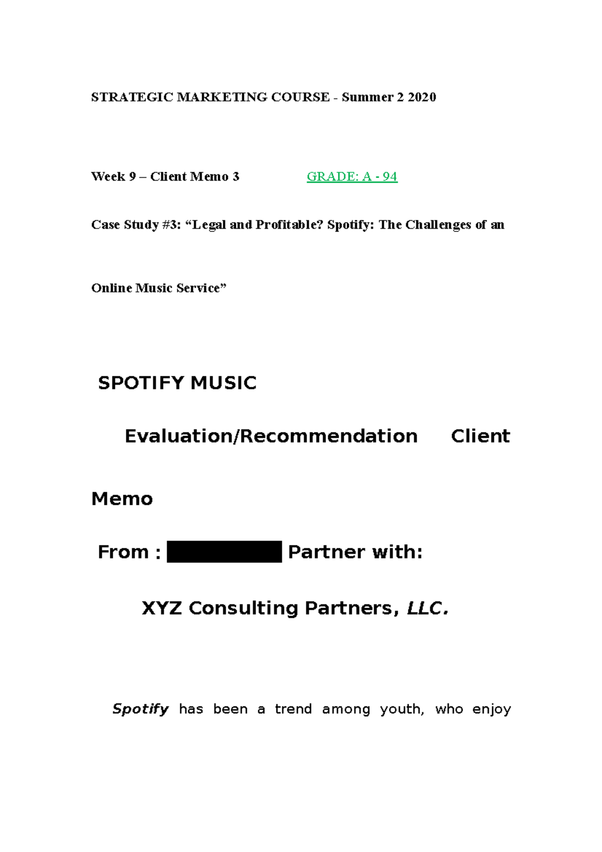 Sample Client Memo - STRATEGIC MARKETING COURSE - Summer 2 2020 Week 9 ...