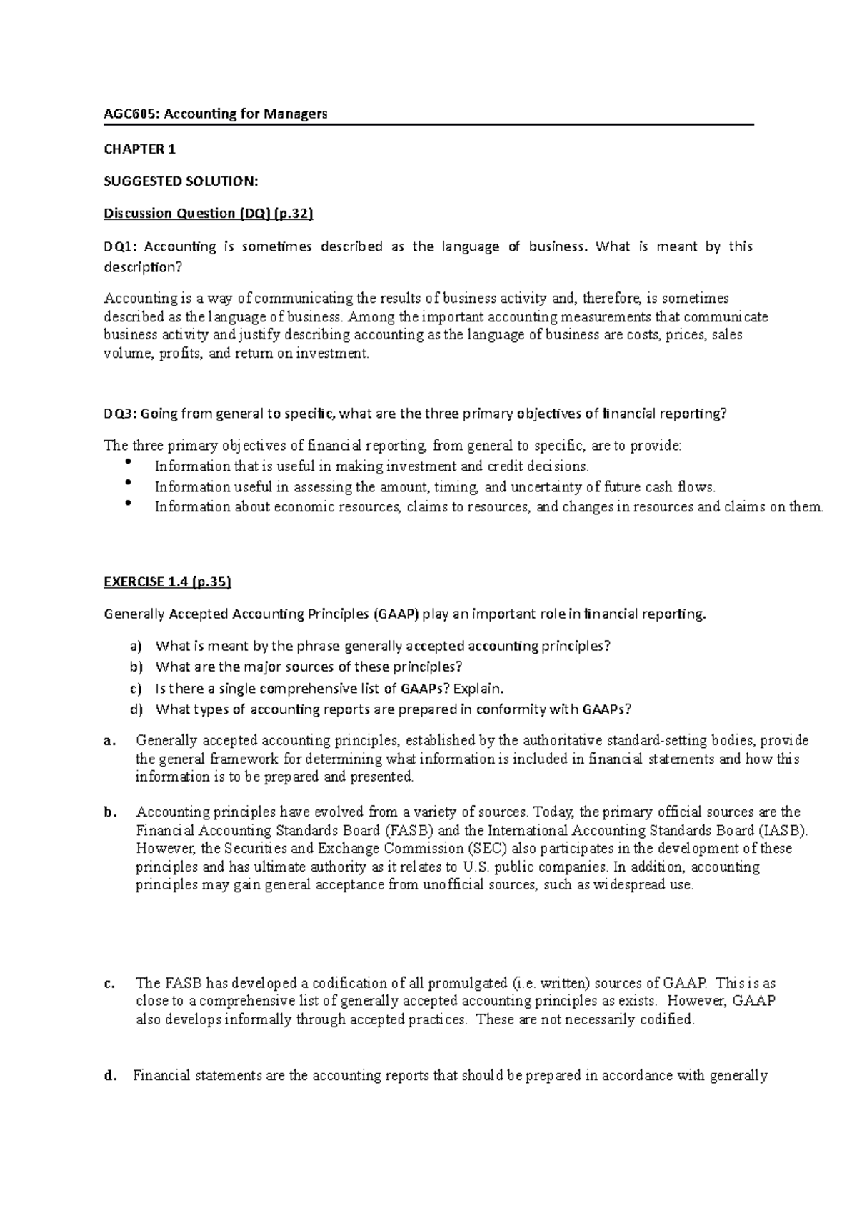 AGC605- Chapter 1 assignment Suggested Solution - AGC605: Accounting ...