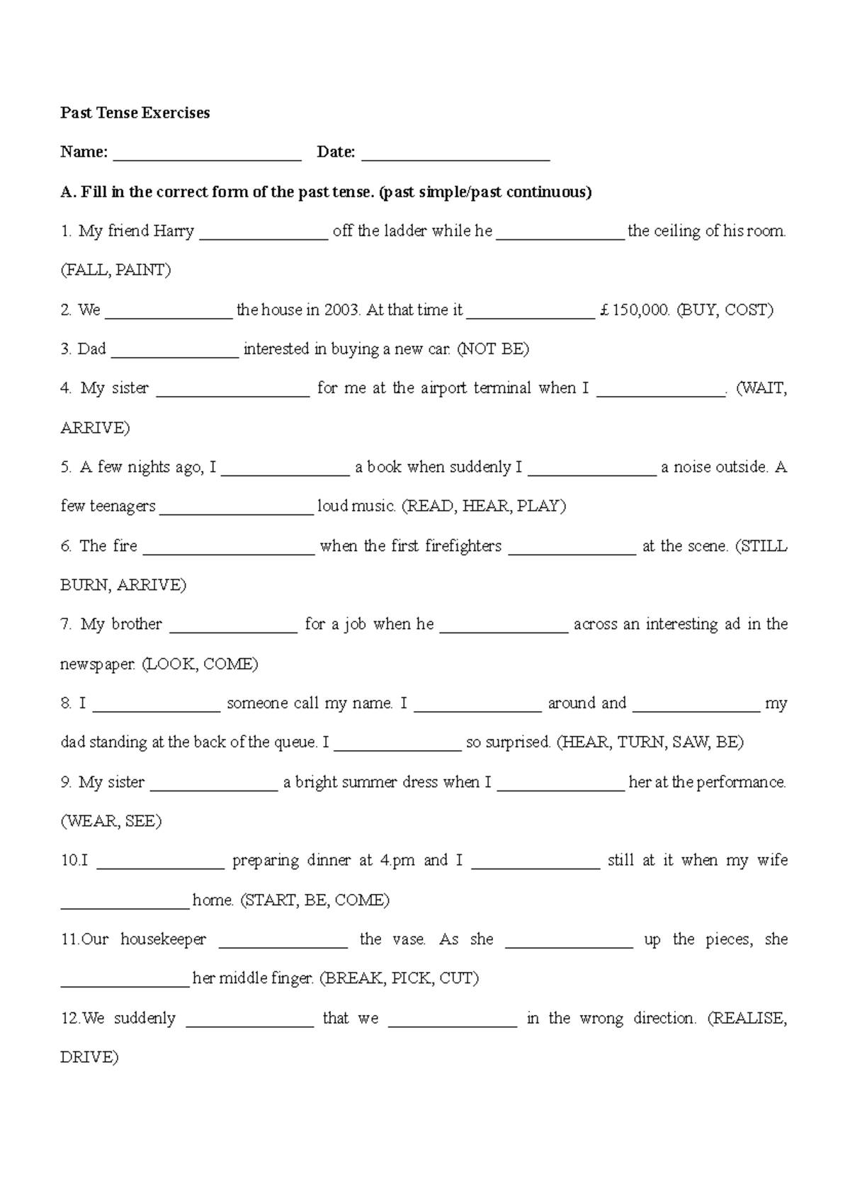 english exercise hk. for test preparation - Past Tense Exercises Name