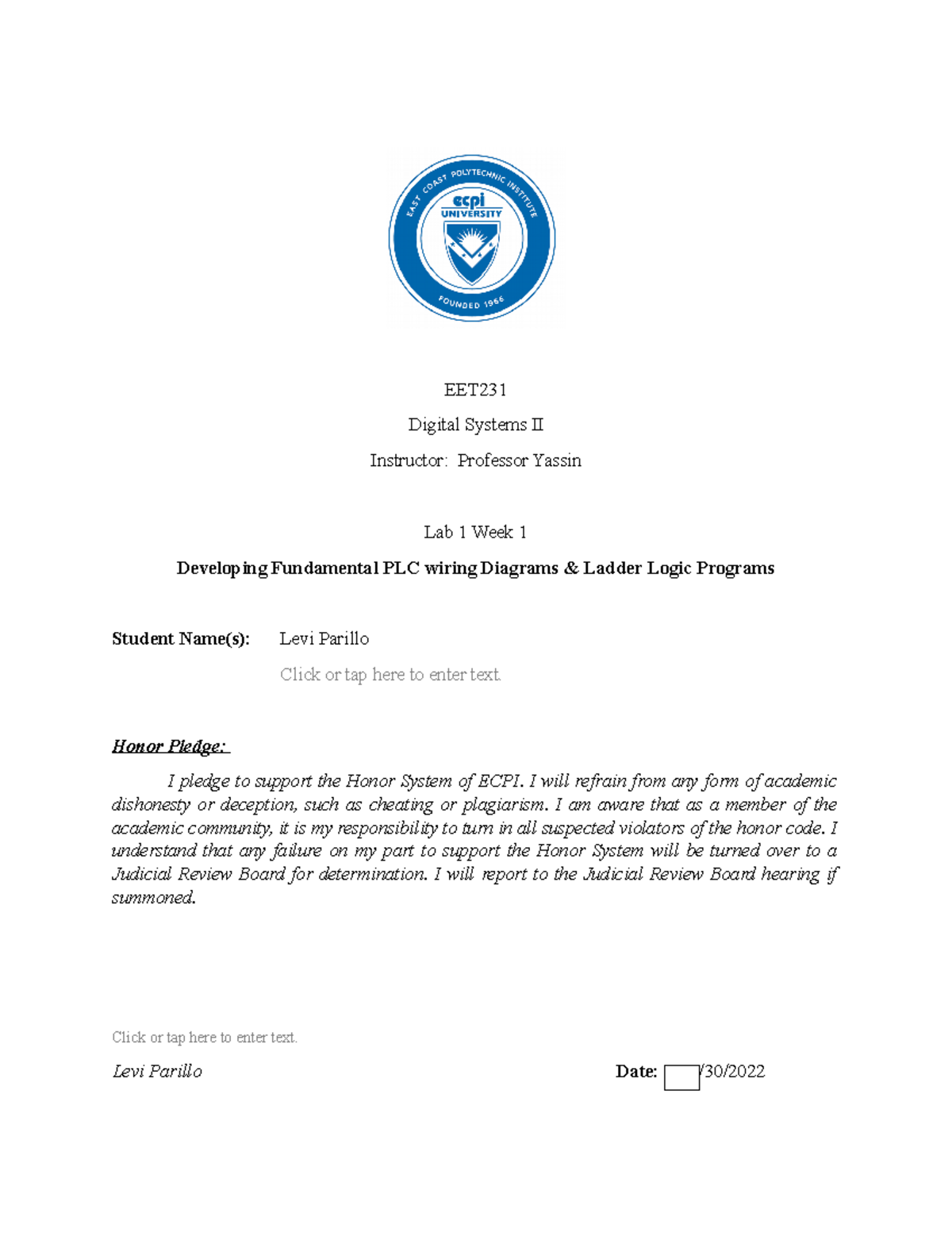 Eet231 U1 Lab1 Part 1 Eet Digital Systems Ii Instructor Professor Yassin Lab 1 Week 1