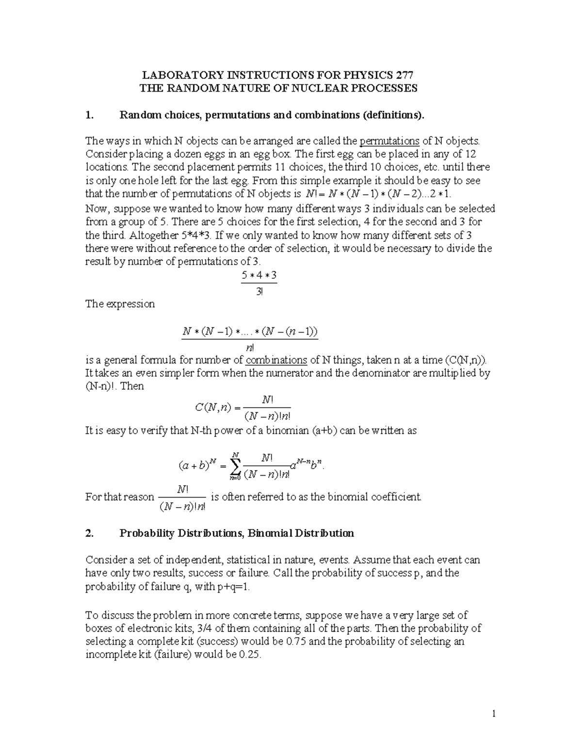 Statistical Distributions and Randomness - LABORATORY INSTRUCTIONS FOR ...