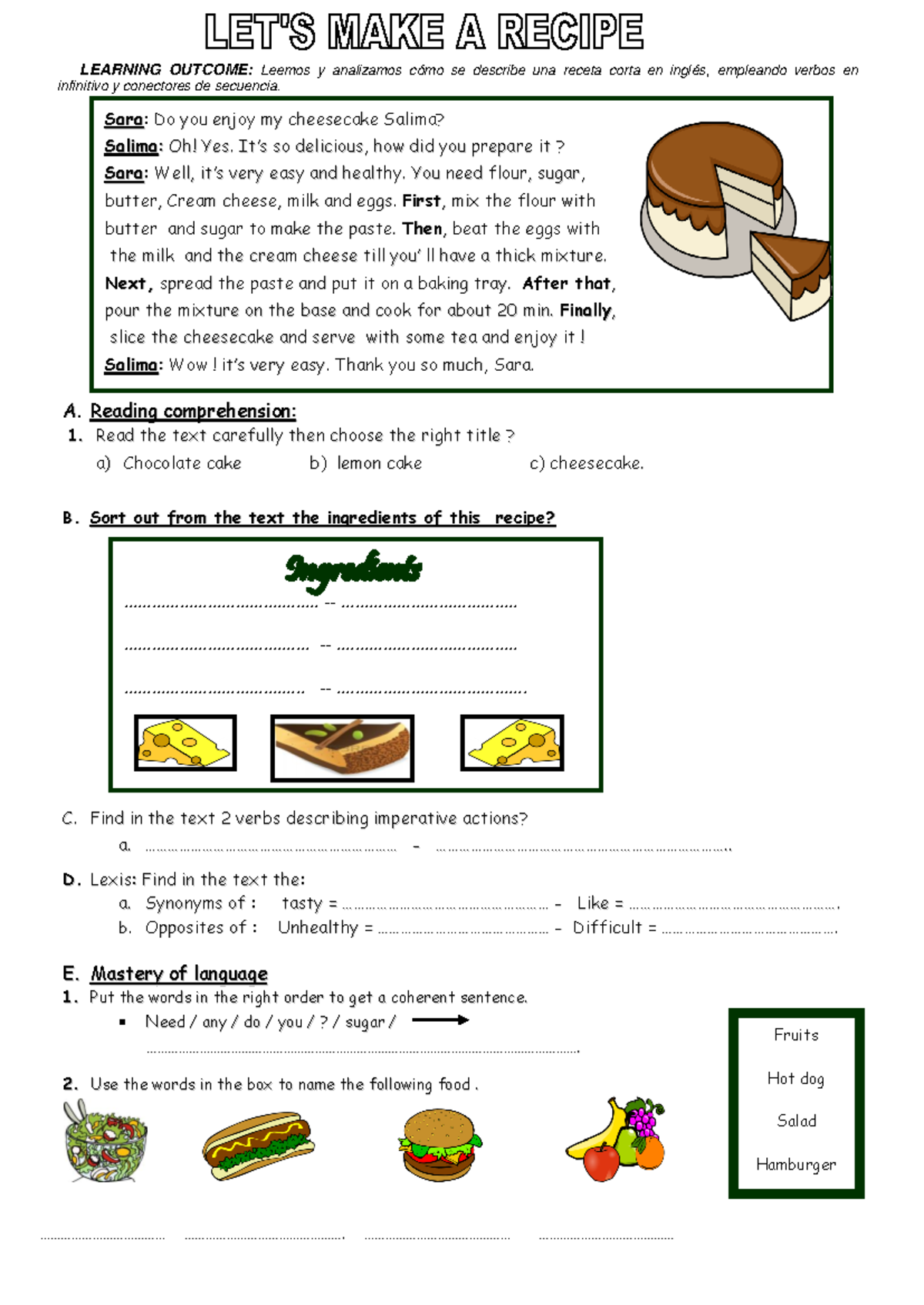 Food around the world - making a recipe - LEARNING OUTCOME: Leemos y ...