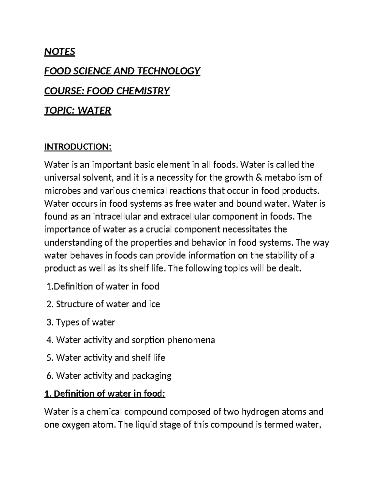 Notes of Food Chemistry - NOTES FOOD SCIENCE AND TECHNOLOGY COURSE ...
