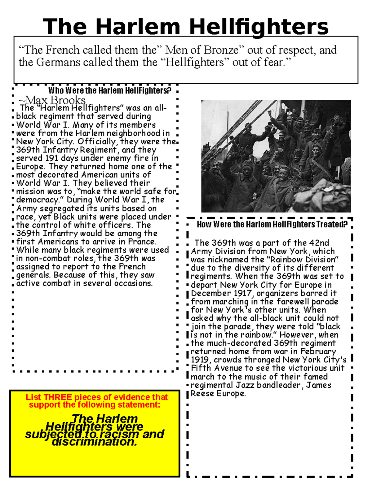 Copy of Copy of Harlem Hellfighters Activity - List THREE pieces of ...