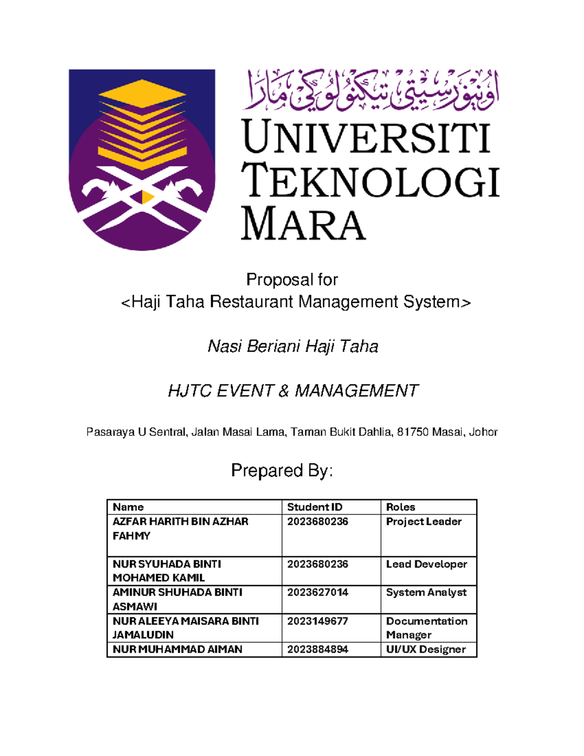 ISP 55O Proposal Template - Proposal for Nasi Beriani - Studocu