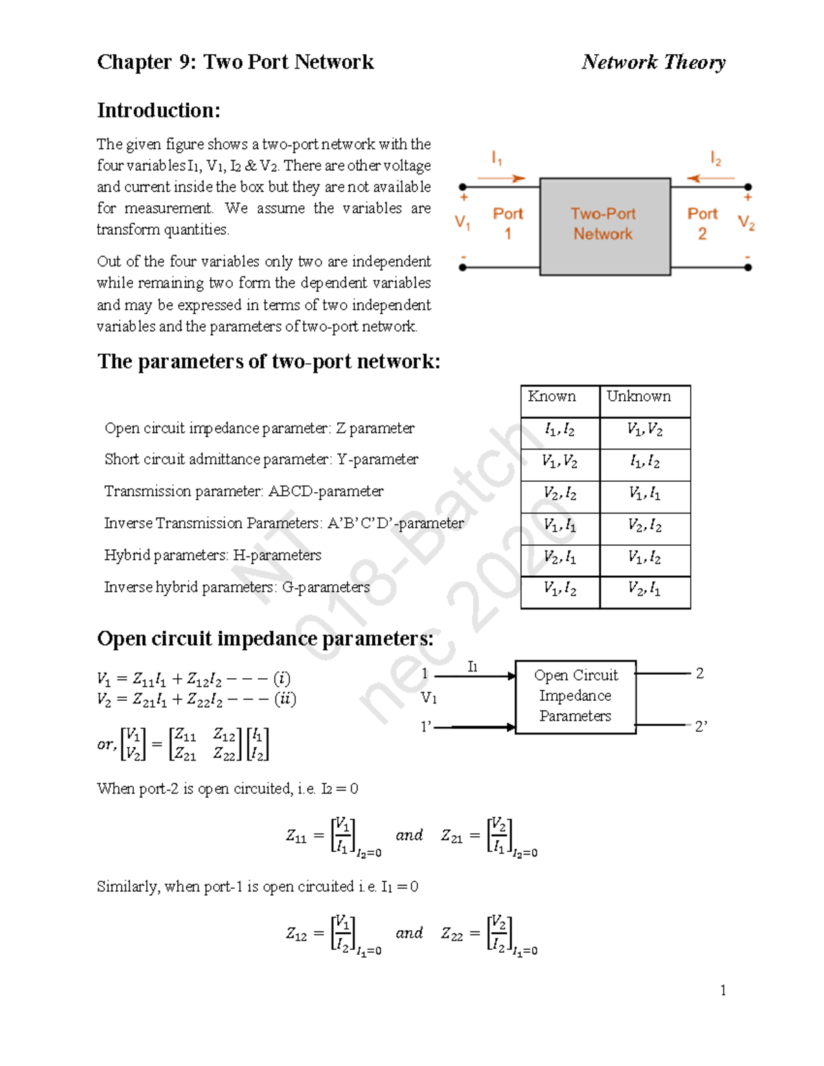 Two Port Passive Network - Chapter 9: Two Port Network Network Theory 1 ...