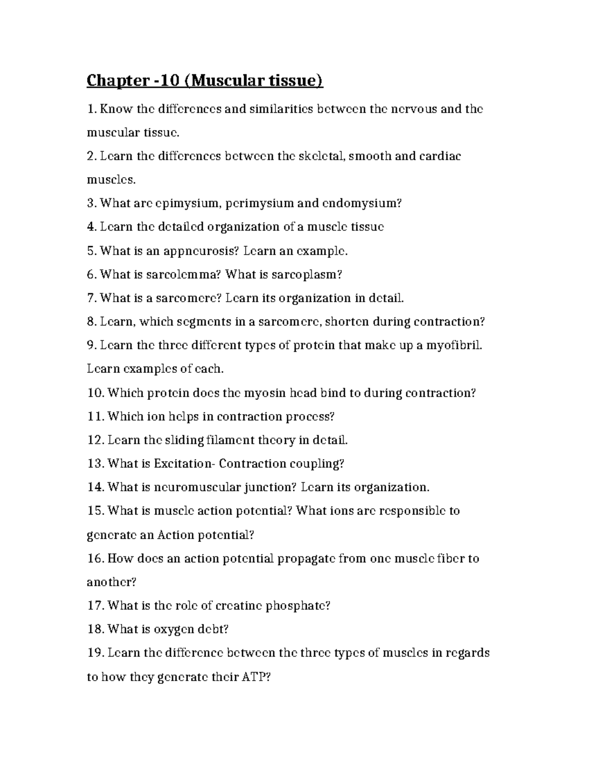 Chapter-10 Study Guide - Chapter -10 (Muscular tissue) 1. Know the ...
