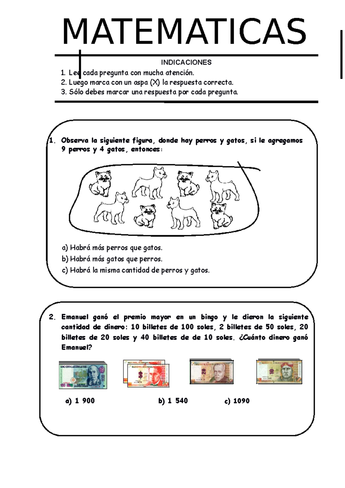 Prueba TIPO ECE 4° PRIM Matematicas - ####### DE LA EDUCACIÓN EN EL CALLAO” INDICACIONES 1. Lee ...