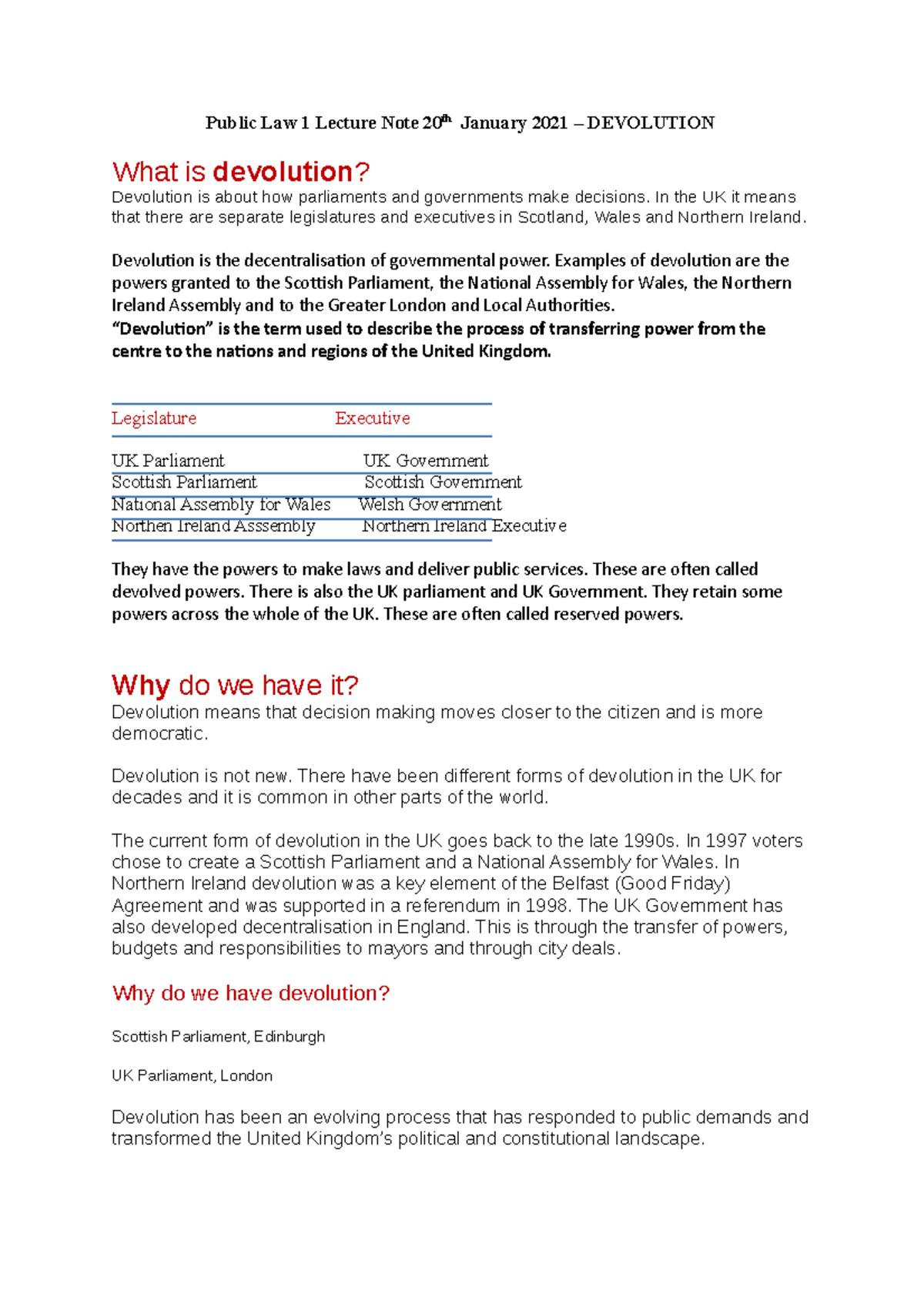 Devolution Public Law Public Law 1 Lecture Note 20th January 2021 Devolution What Is