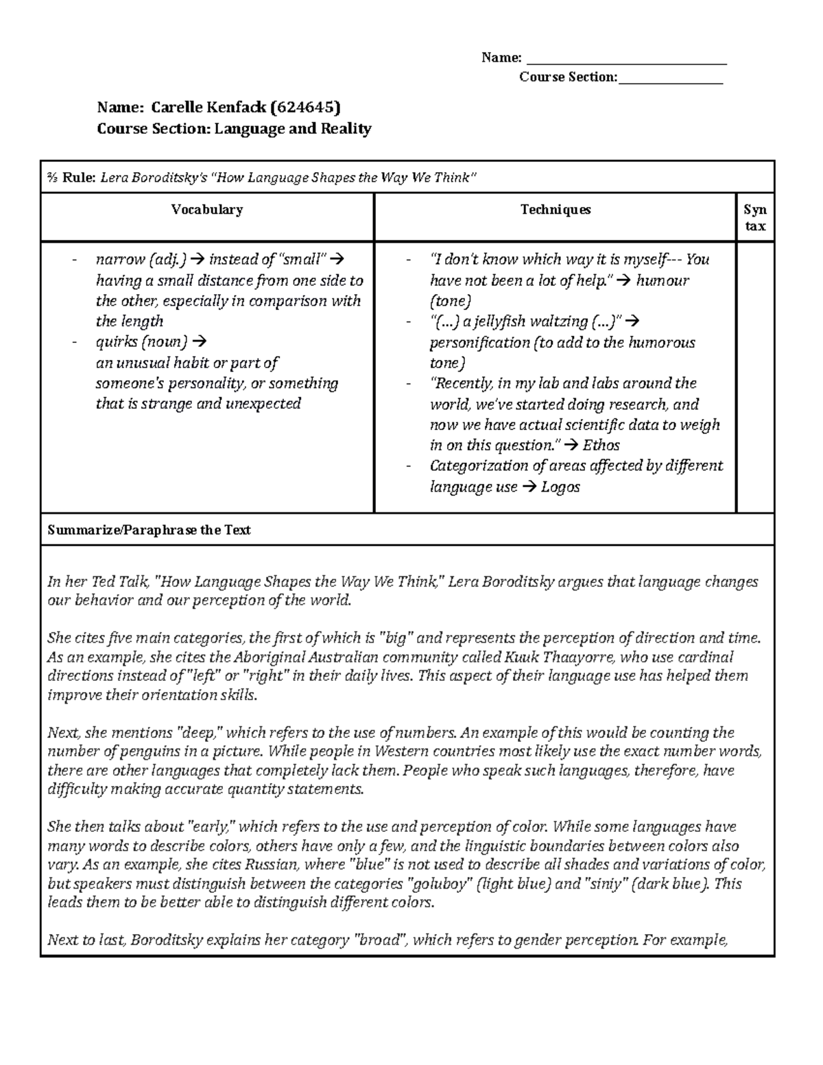 Lera Boroditsky’s ‘‘How Language Shapes the Way We Think” Reading Log ...