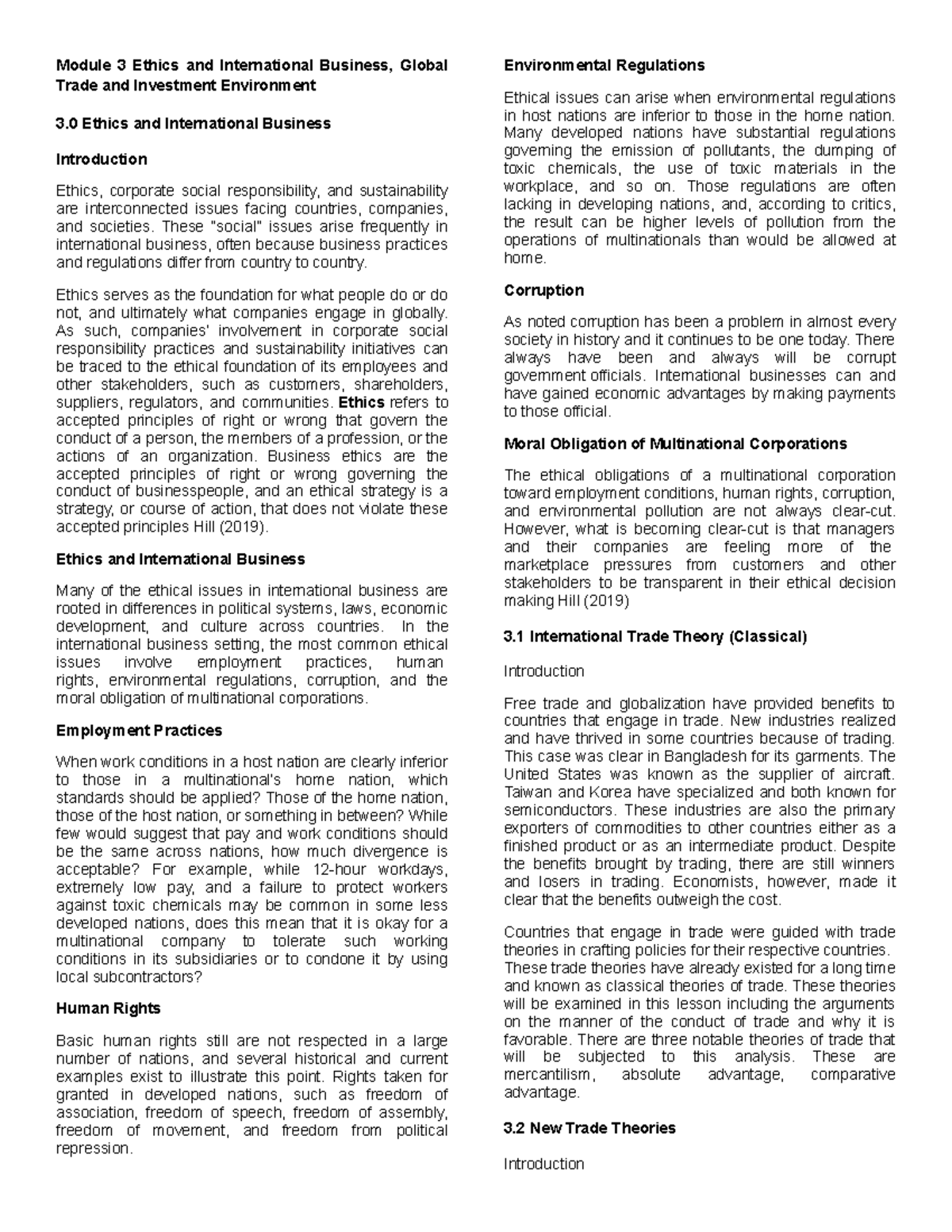 MAN 010 Module 3 and 4 - notes - Module 3 Ethics and International ...