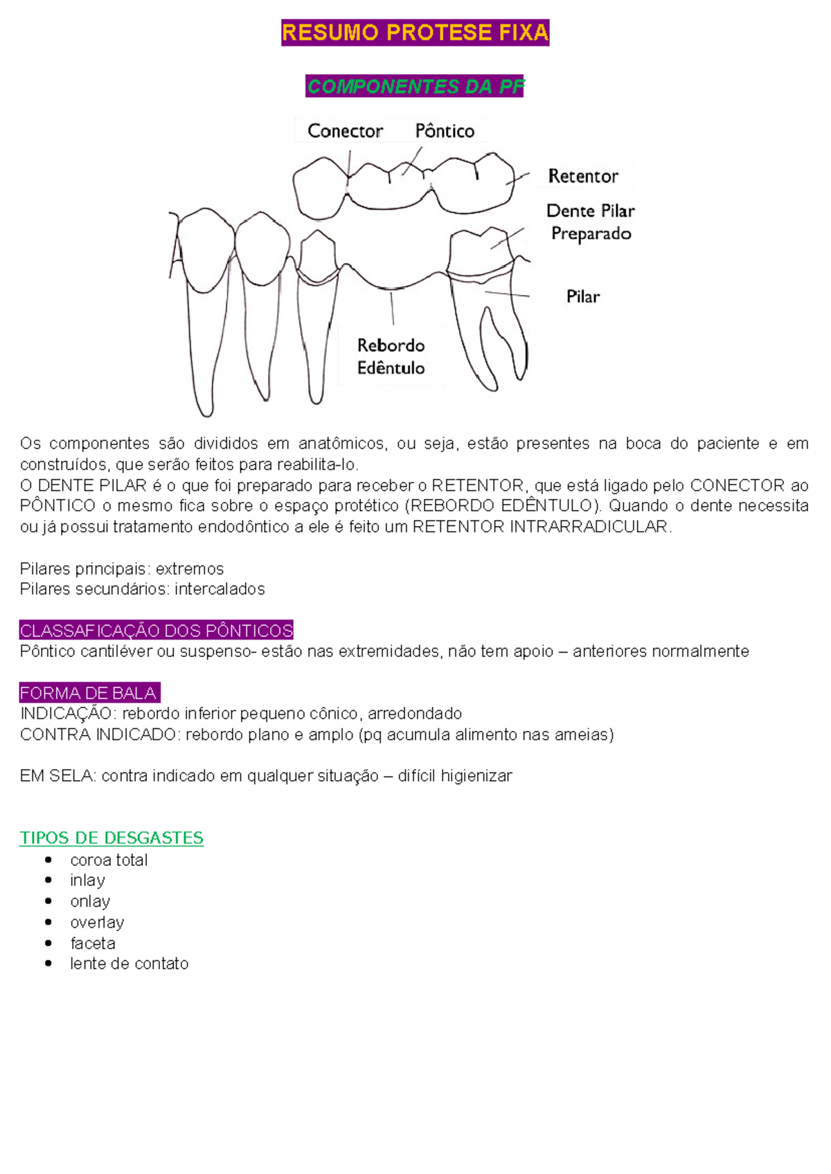Resumo Protese FIXA - RESUMO PROTESE FIXA COMPONENTES DA PF Os ...