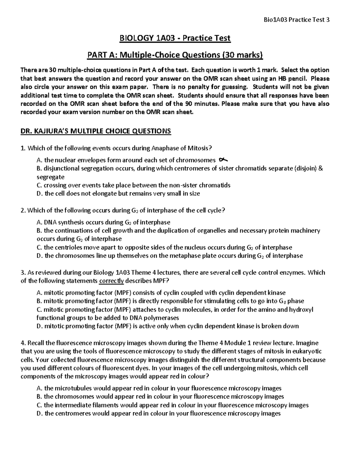 Practice test 3 copy - Bio1A03 Practice Test 3 BIOLOGY 1A03 - Practice ...