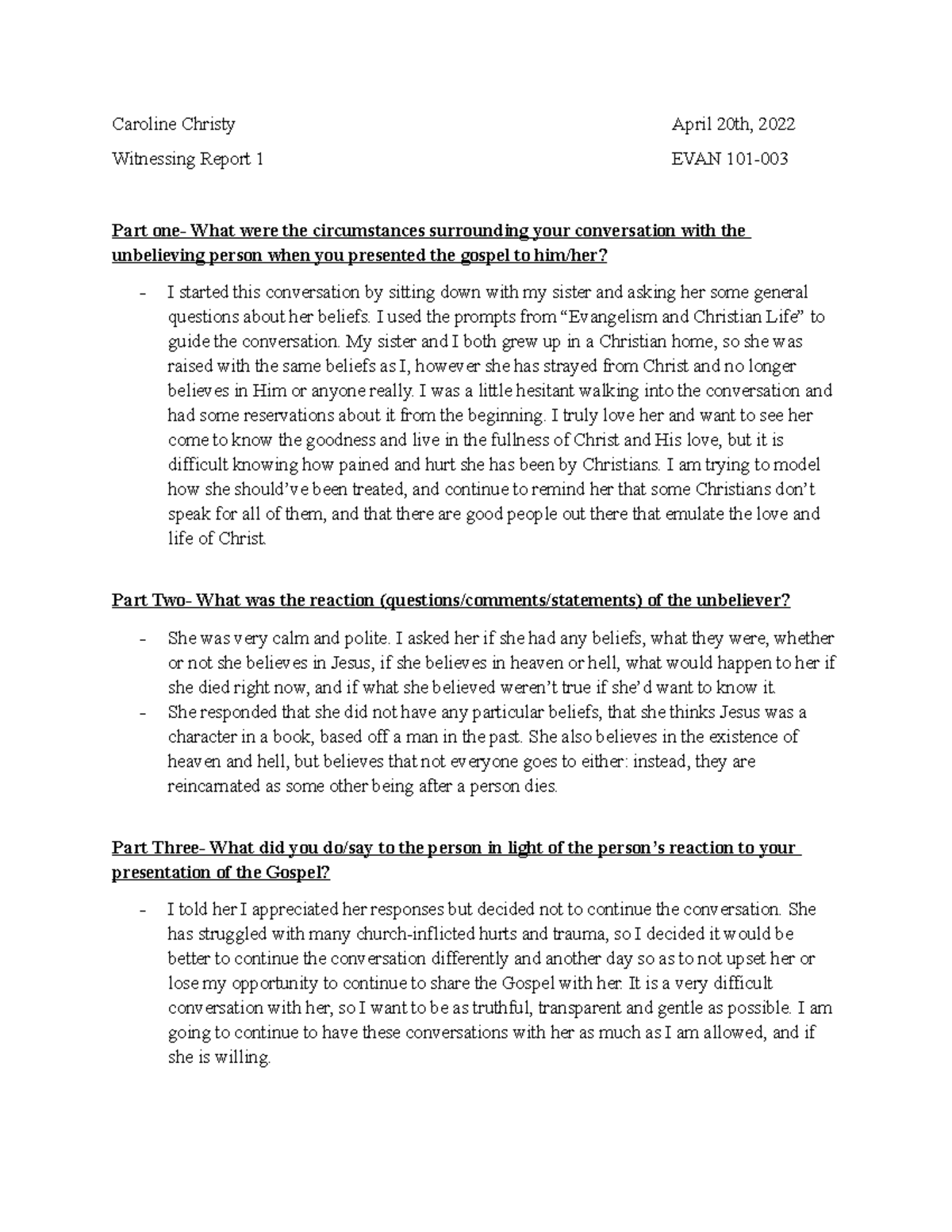 Witnessing Report - Assignment - Caroline Christy April 20th, 2022 ...