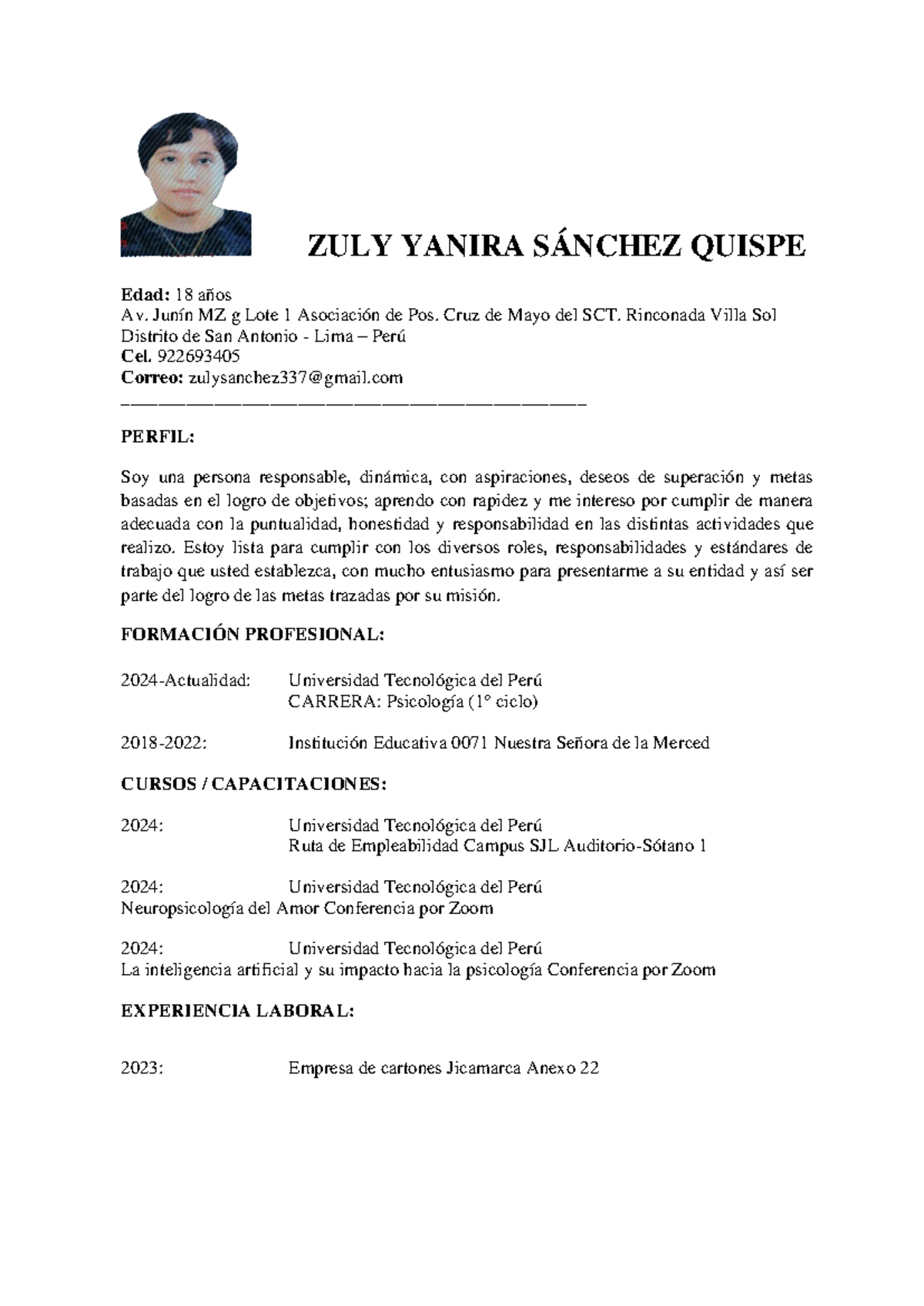 CV Zuly Sánchez - CV 2024 - ZULY YANIRA SÁNCHEZ QUISPE Edad: 18 años Av ...