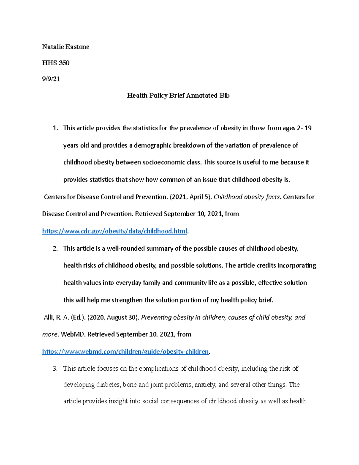 Health Policy Brief Annotated Bib Example- Put Citations BEFORE summary ...