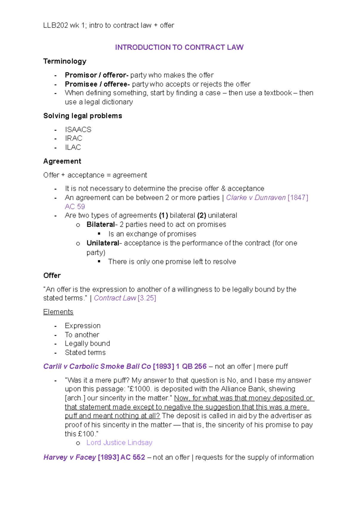 LLB202 week 1 notes - offer - INTRODUCTION TO CONTRACT LAW Terminology ...