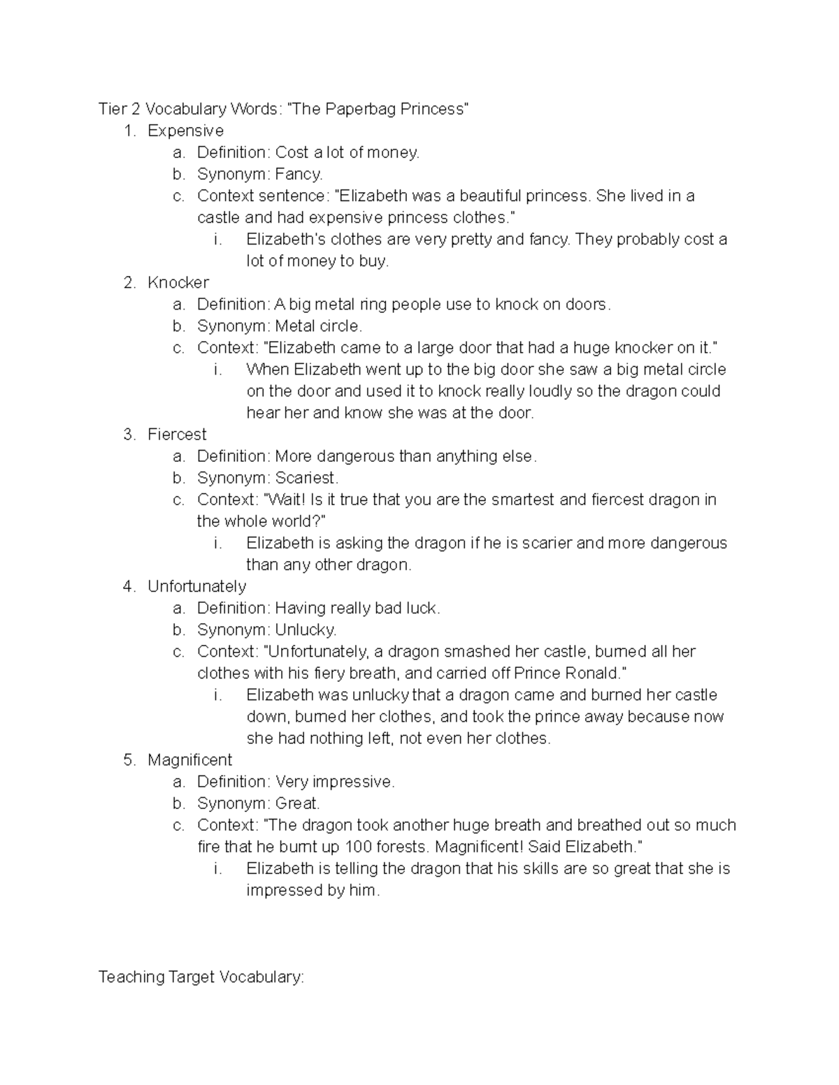 Teaching Vocabulary Assignment - Tier 2 Vocabulary Words: “The Paperbag ...